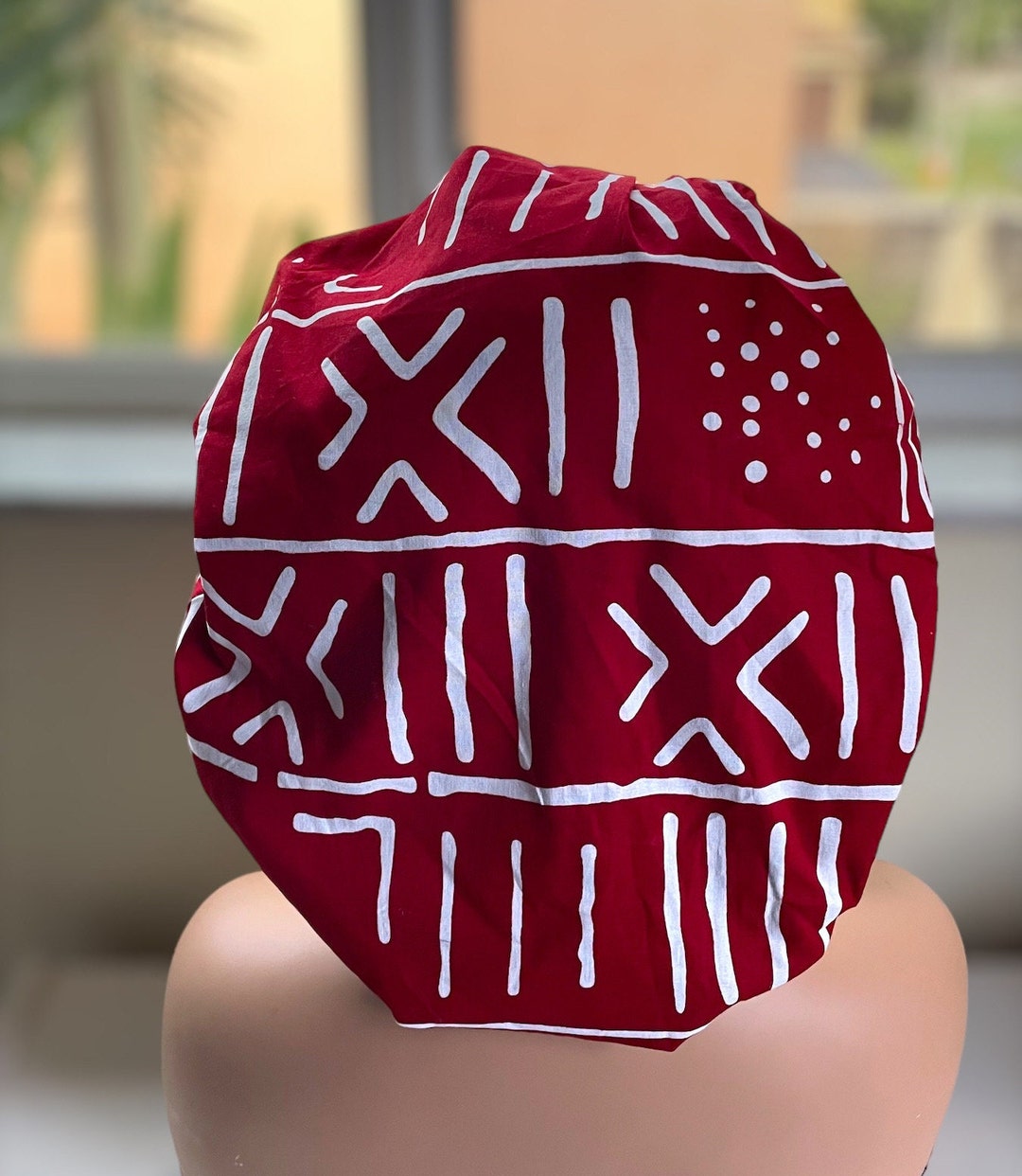Red Bouffant Scrub Cap, Mud Cloth Surgical Cap, Nurse Bonnet, Handmade ...