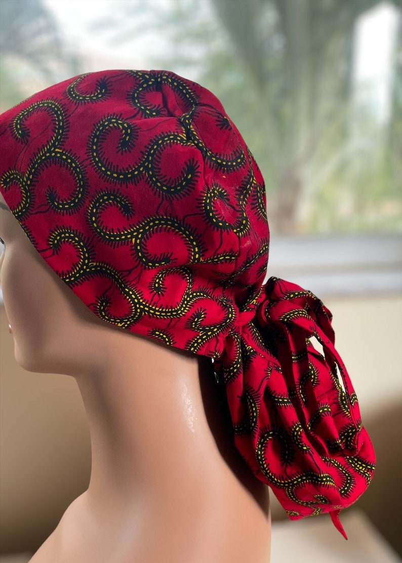 Red Swirl Ponytail Cap, Red Scrub Cap for Women, Satin Lined Cap ...
