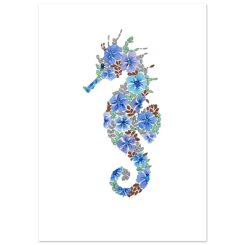Classic Matte Paper Poster Seahorse Drawing With Floral Details - Etsy UK
