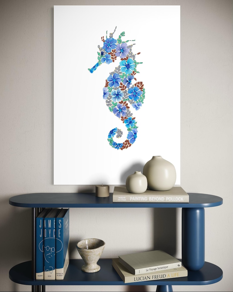 Classic Matte Paper Poster Seahorse Drawing With Floral Details - Etsy UK
