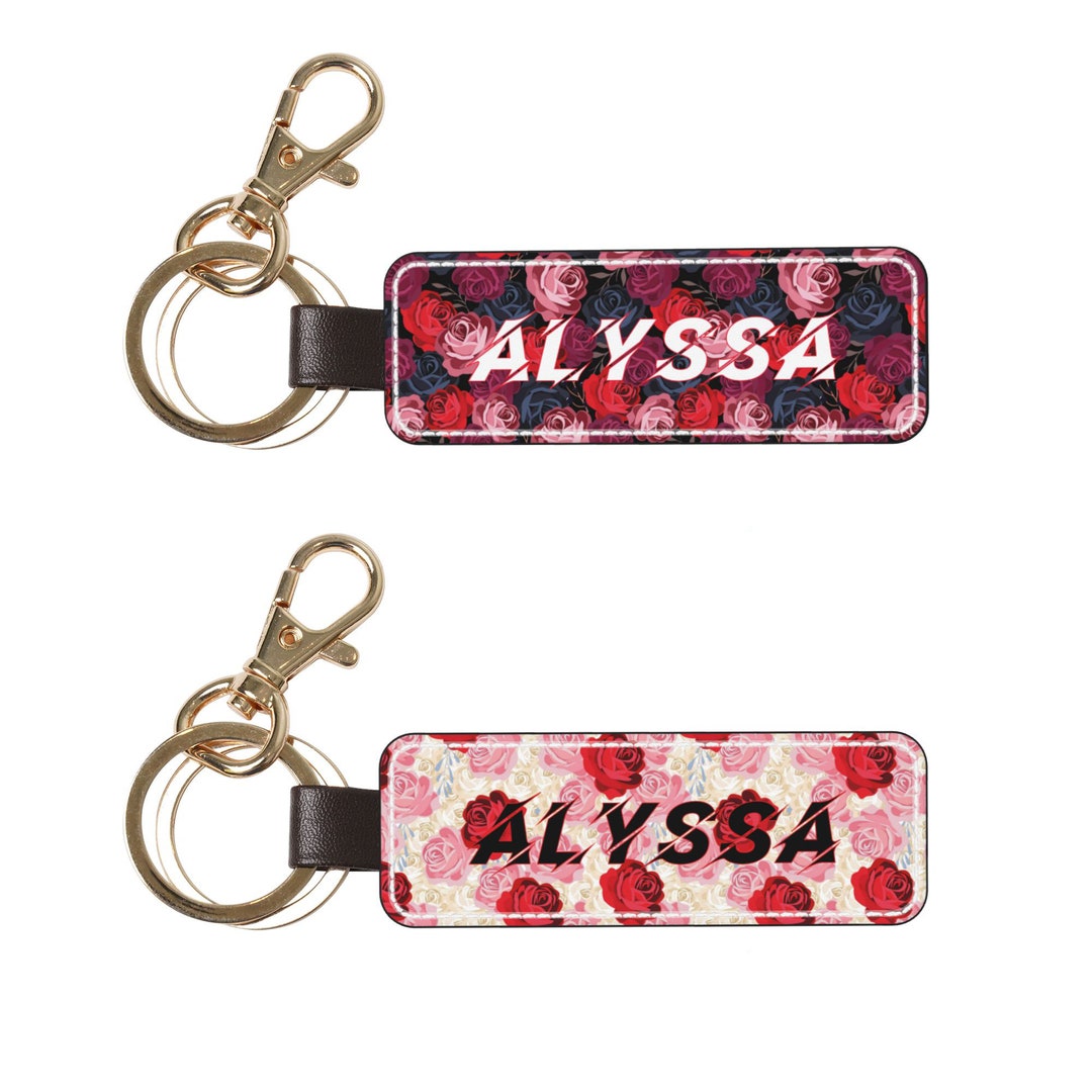 Personalized Name Leather Key Chain, Black White Rose Flower Key Ring ...