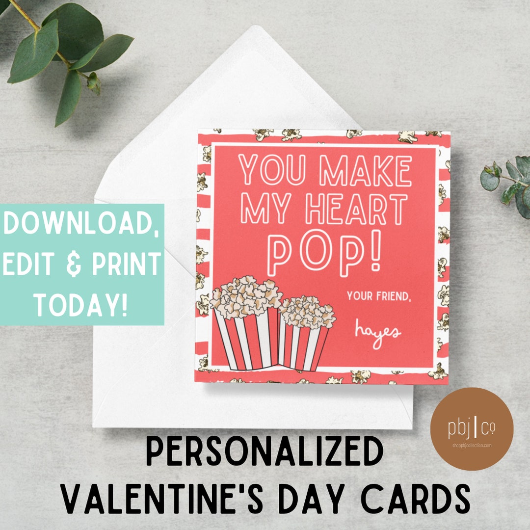 EDITABLE Kids Customized Popcorn Valentine's Day Cards Favors Boy Girl ...
