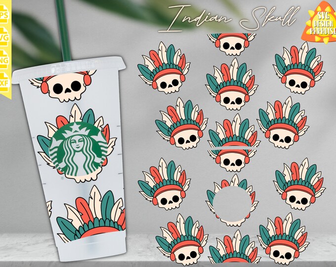 24oz Indian Skull Venti Cold Cup Svg, Boho Skull Cold Wrap, Western Svg ...