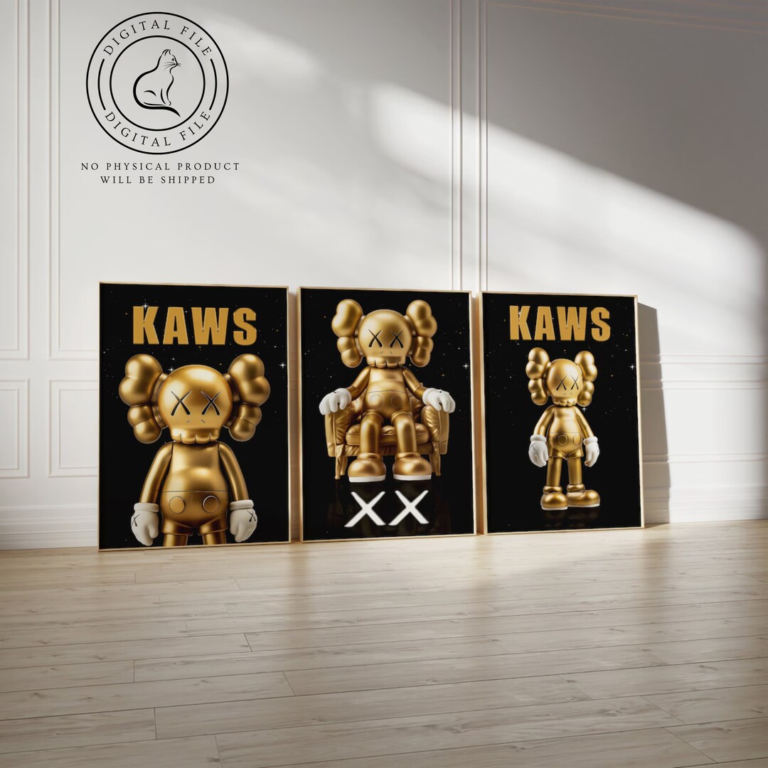 Gold KAWS Figure Printable Wall Art, Set of 3 Prints, Hypebeast Figures ...