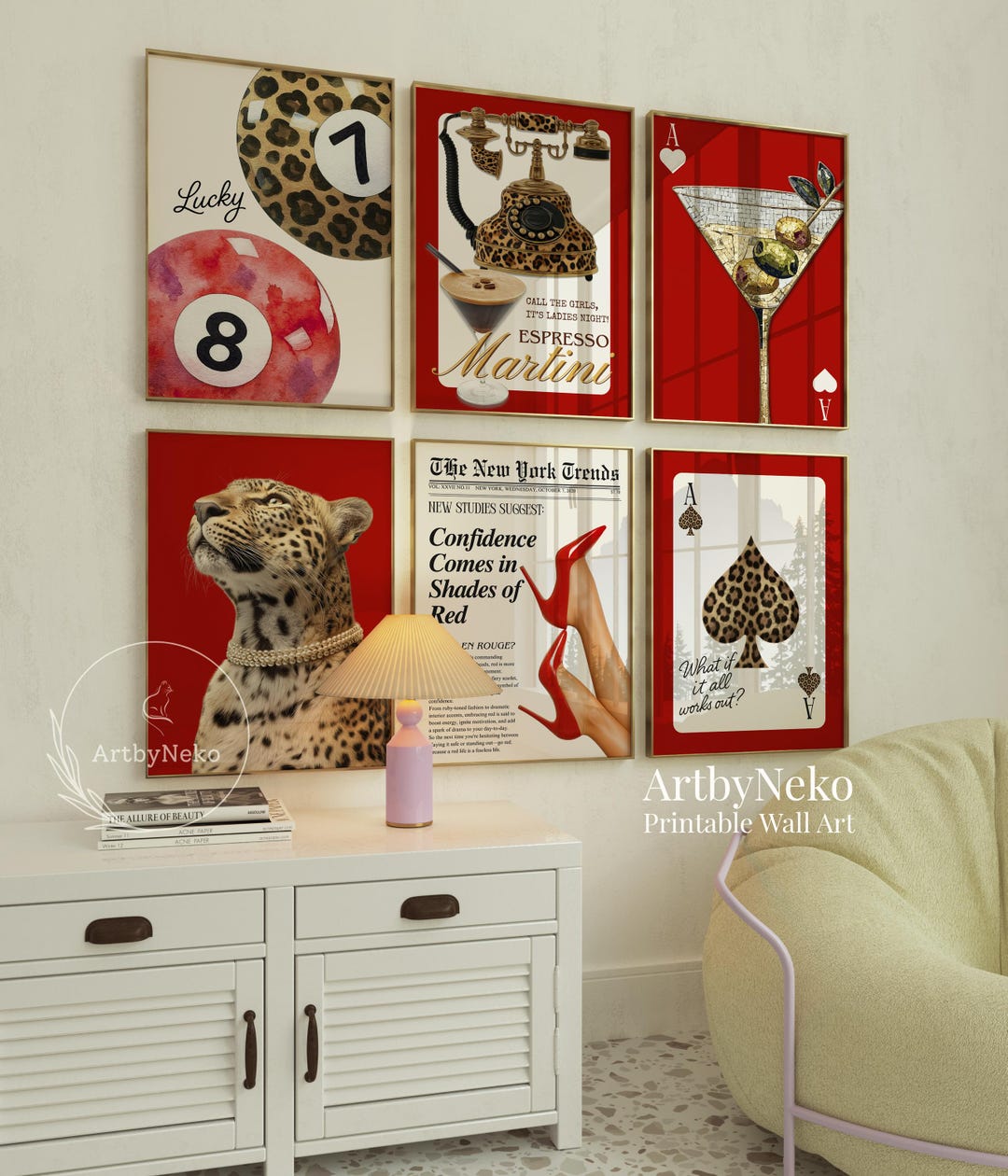 Red Glam Leopard Wall Art Set of 6, Old Money Aesthetic Prints, Femme ...