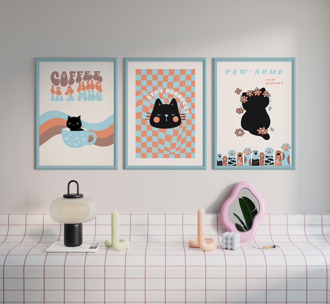 Groovy Retro Art Funky Poster Set of 3 Prints, Aesthetic Black Cat ...