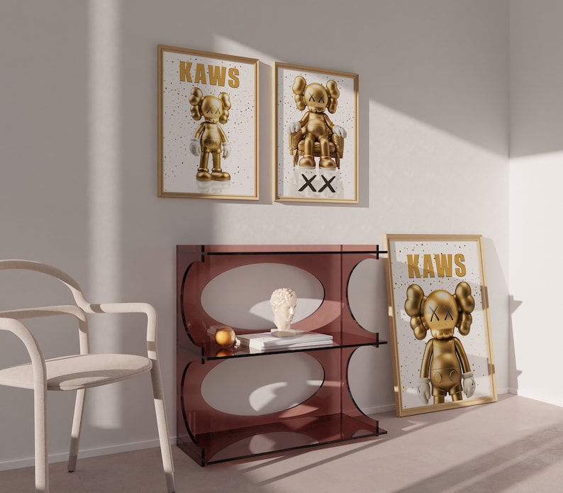 Gold KAWS Figure Printable Wall Art, Set of 3 Prints, Hypebeast Figures ...