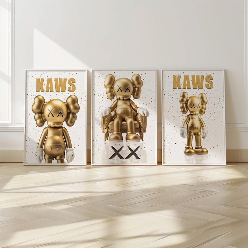 Gold KAWS Figure Printable Wall Art, Set of 3 Prints, Hypebeast Figures ...