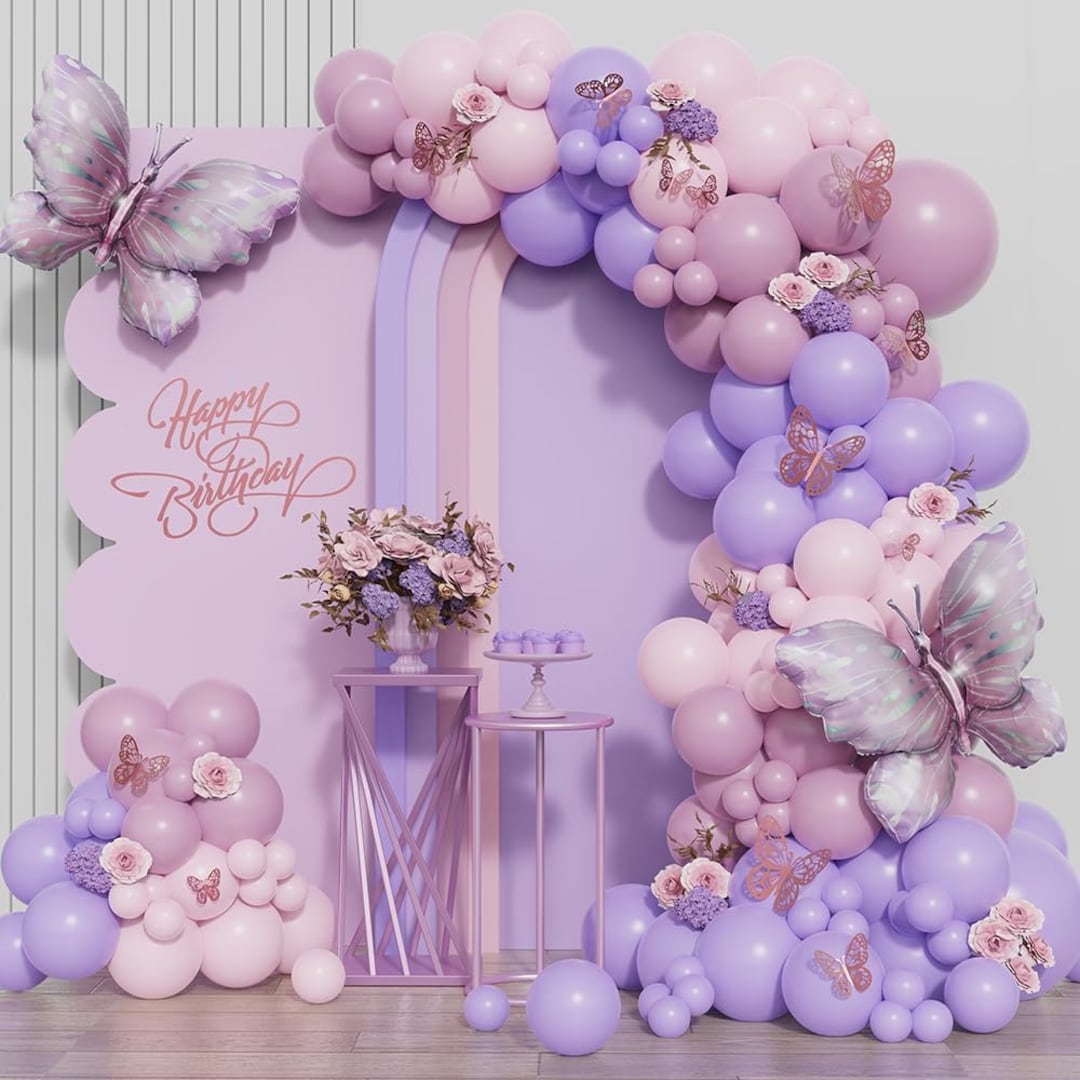 150pcs Pink Purple Butterfly Balloon Garland Archkit With Rosegold ...