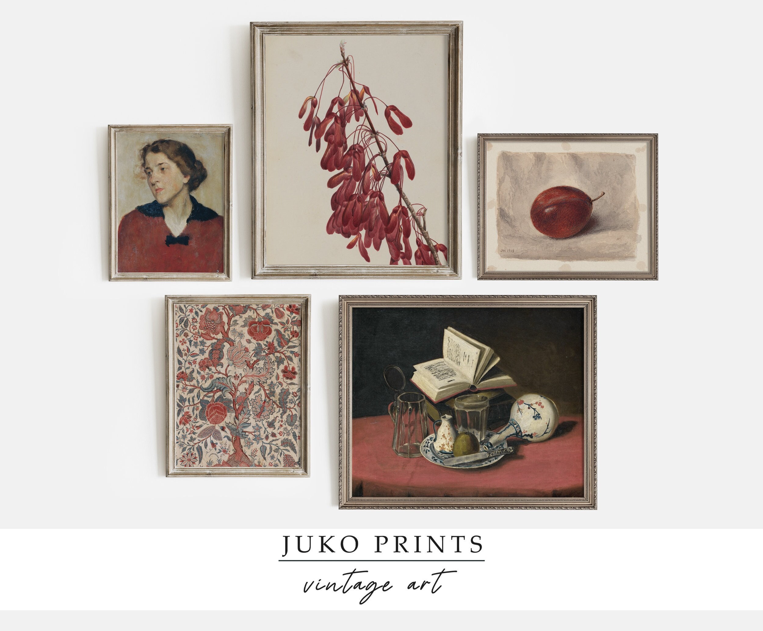 Red Printable Vintage Gallery Wall Art Set Set of 5 five Prints Antique ...