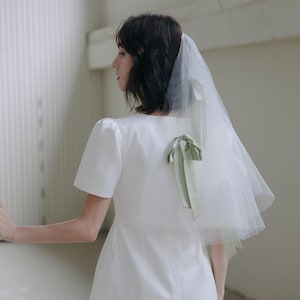 Short Bridal Veil With Sage Green Silk Bow Custom Ivory Wedding Veil ...