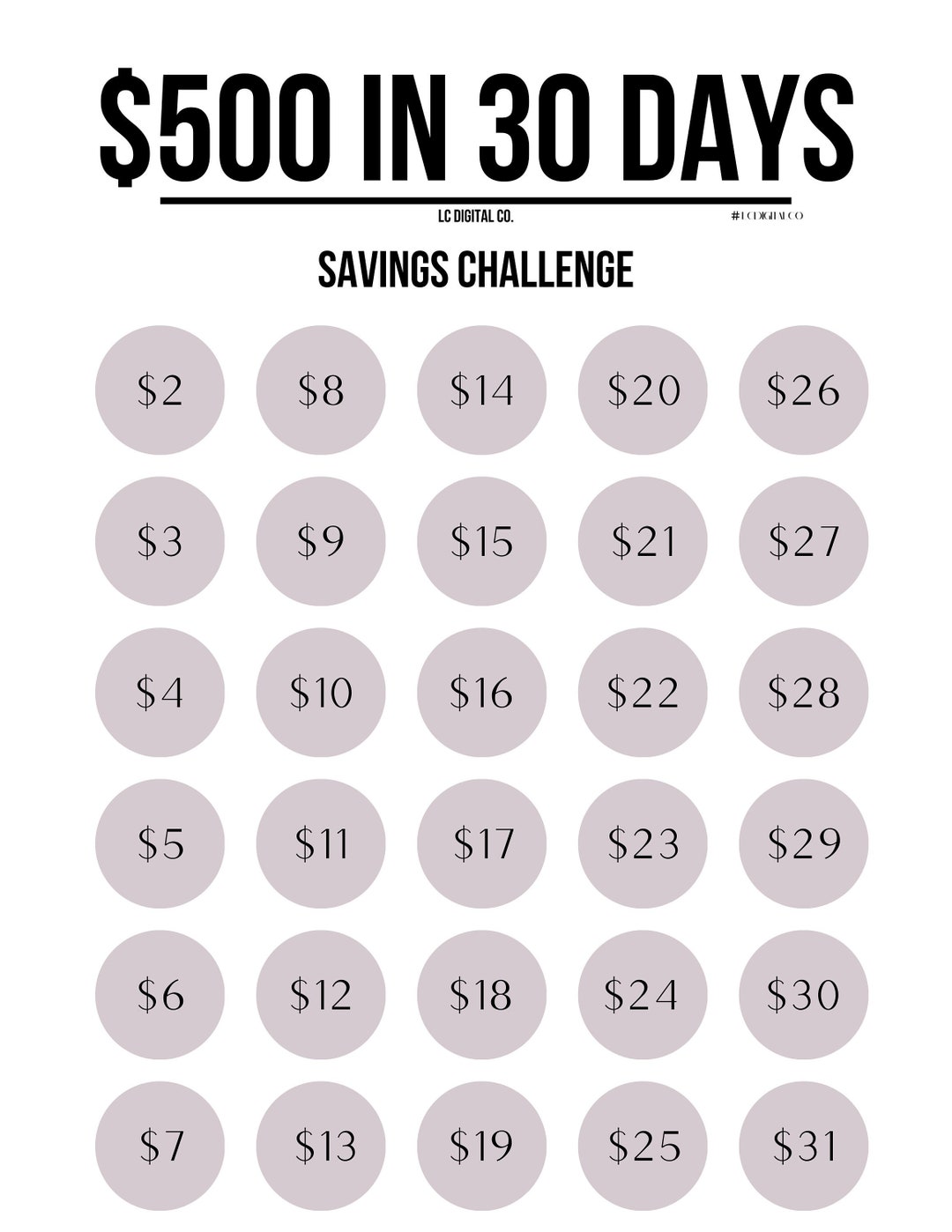 500 in 30 Days Savings Challenge / Save 500 in 30 Days / Savings ...