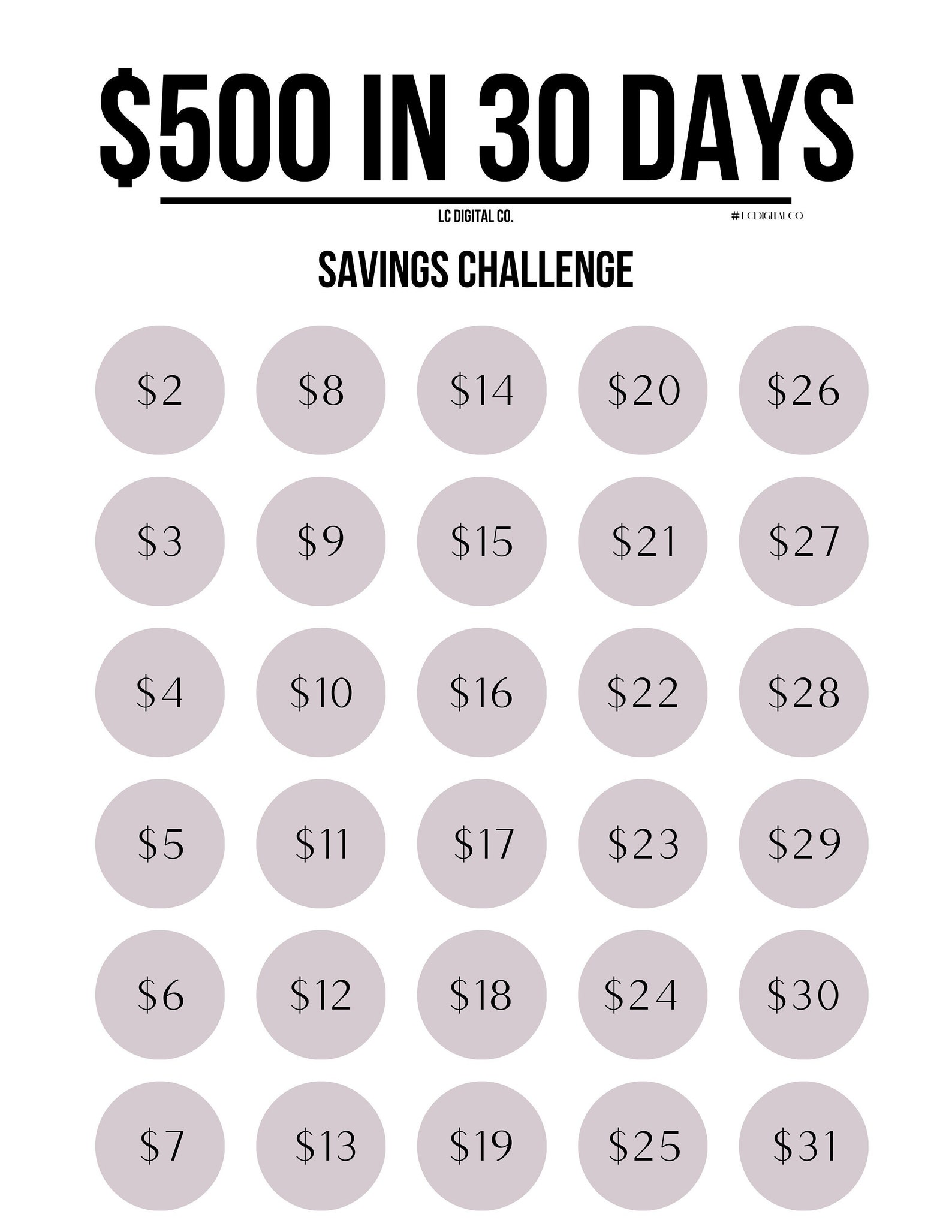 500 in 30 Days Savings Challenge / Save 500 in 30 Days / Savings ...