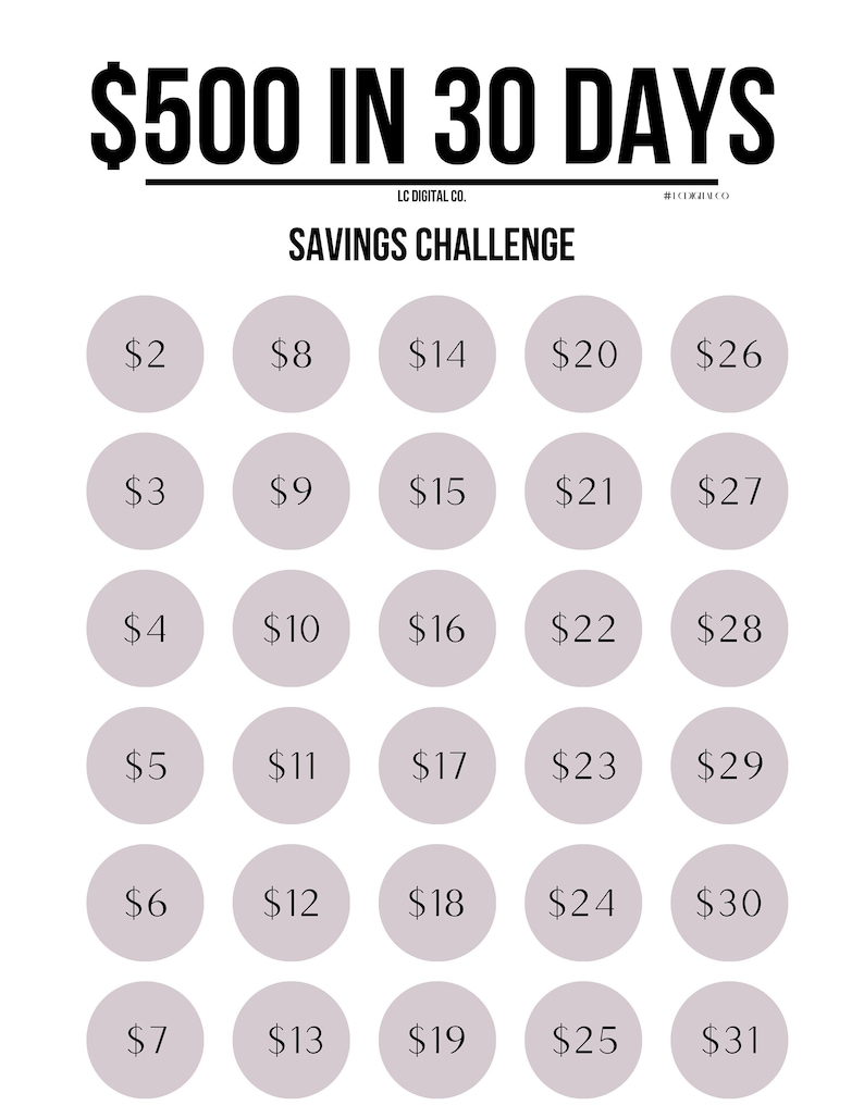 500 in 30 Days Savings Challenge / Save 500 in 30 Days / Savings ...