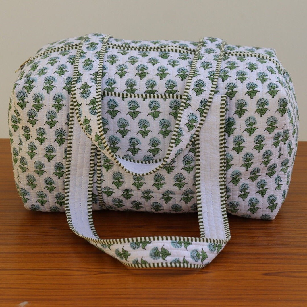 Large Cotton Quilted Weekender Travel Bag Block Print Hand Luggage ...