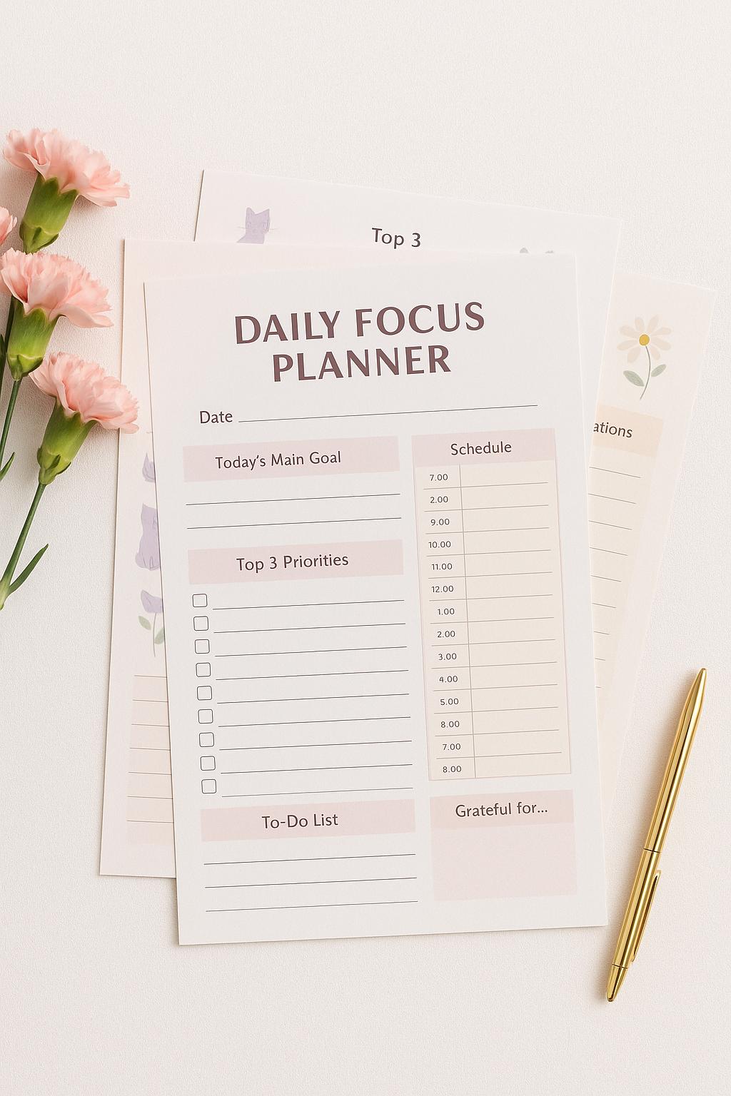 Daily Focus Planner Bundle – 3 Aesthetic Printable Pdfs | Cat & Floral ...