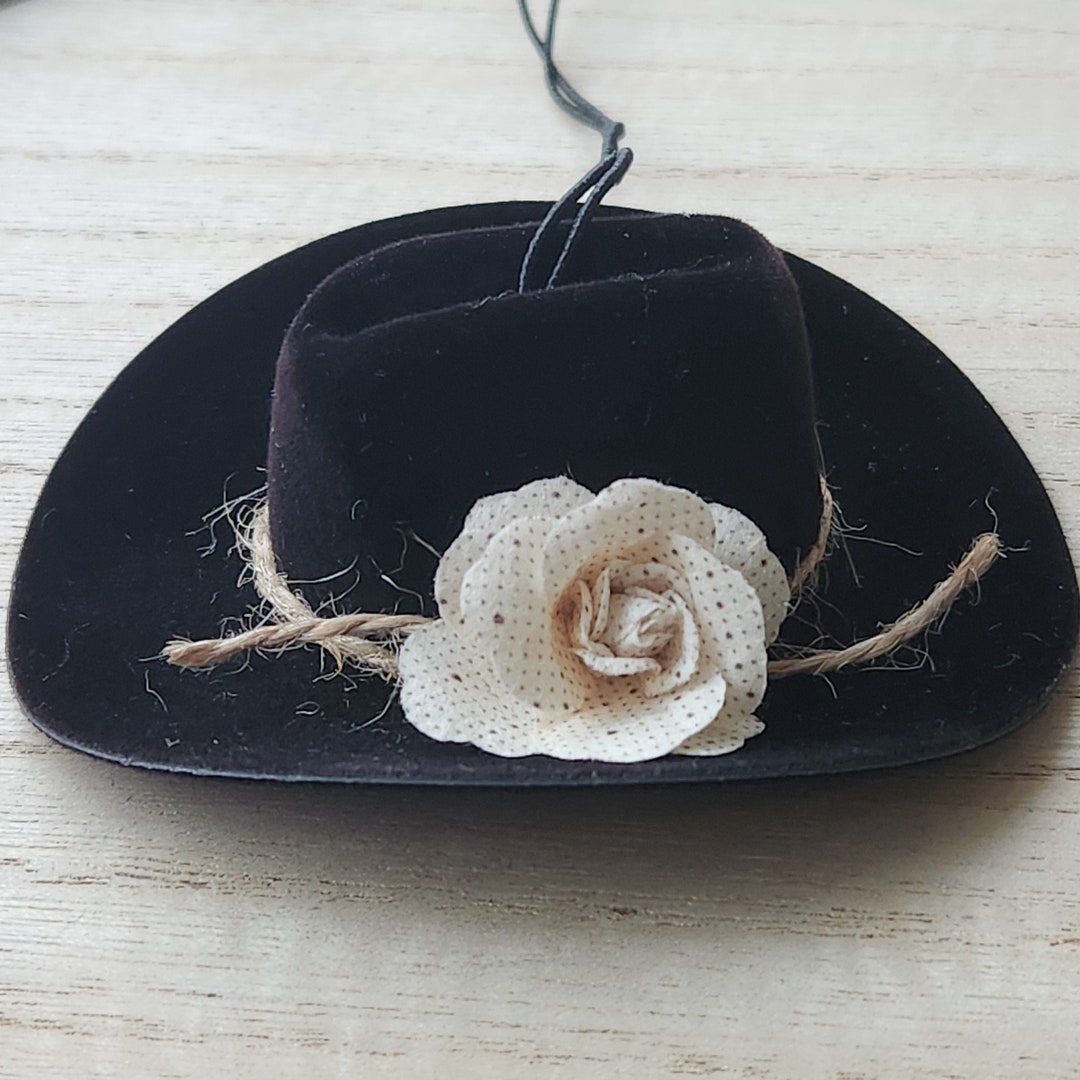 Cowboy Hat Car Charm - 3 Inch - Black With Spotted Ivory Rose & Jute ...