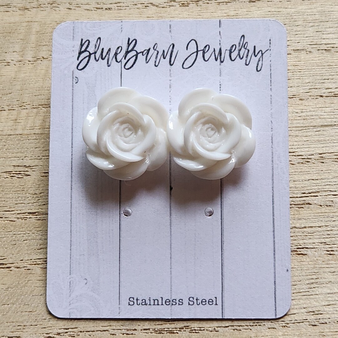 Large White Rose Stud Earrings, Rose Studs, Flower Studs - Etsy