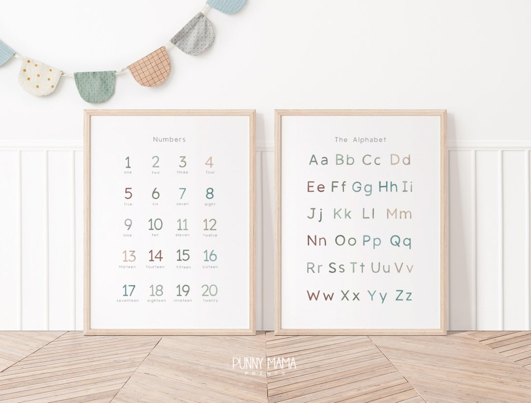 Kids Alphabet and Numbers Art Print Set Neutral Earth Tones Abcs ...