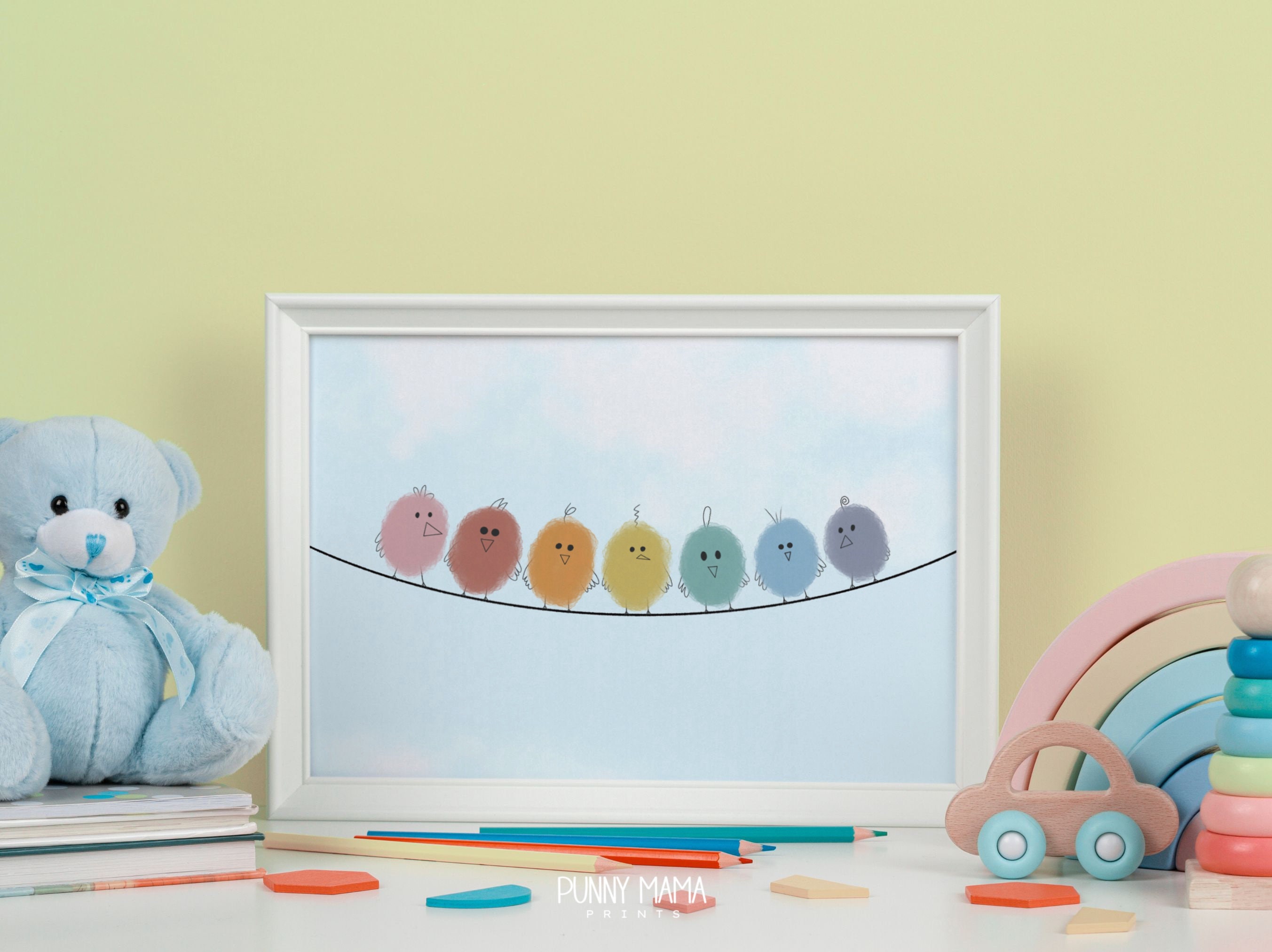 Little Birds Printable Nursery Wall Art, Pastel Rainbow Whimsical ...