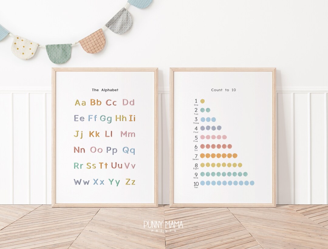Alphabet & Counting Print Set Pastel Rainbow Nursery Playroom Wall Art ...