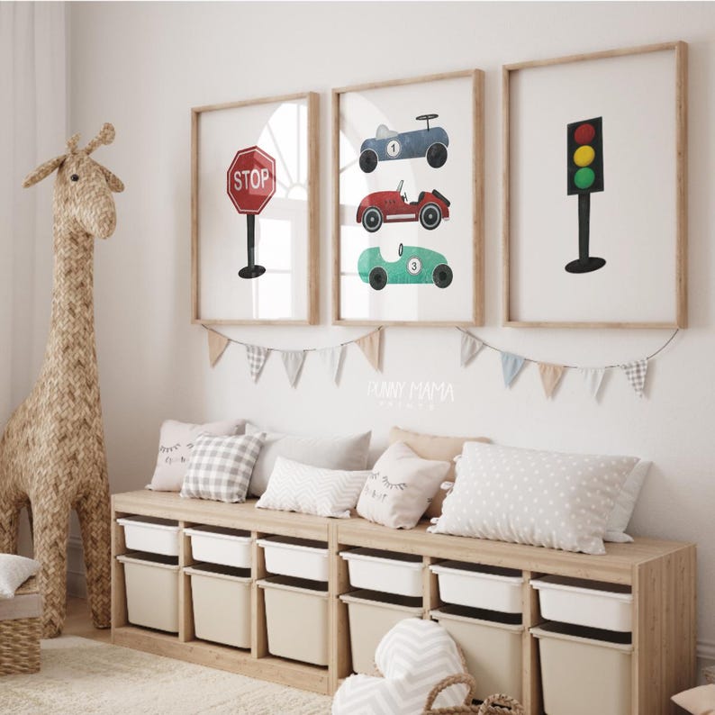 Vintage Race Cars, Stop Sign & Street Light Printable Wall Art Set ...