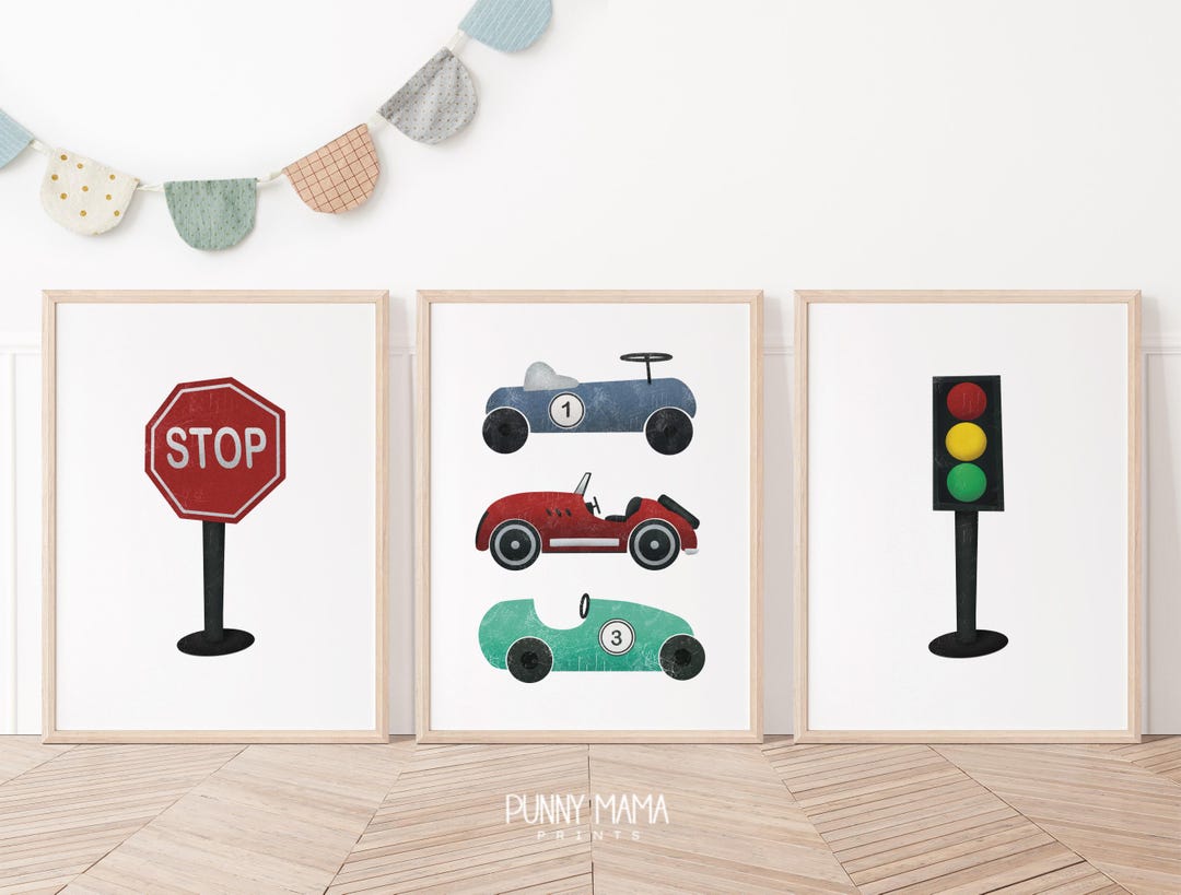 Vintage Race Cars, Stop Sign & Street Light Printable Wall Art Set ...