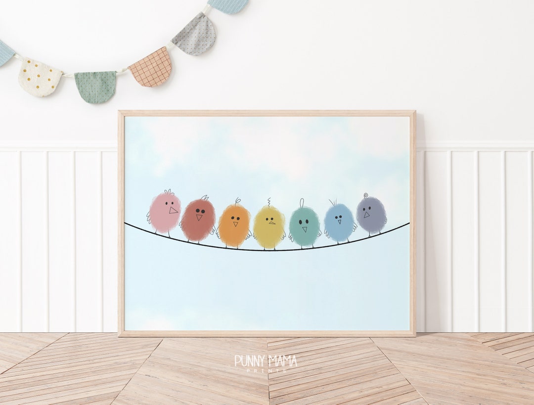 Little Birds Printable Nursery Wall Art, Pastel Rainbow Whimsical ...
