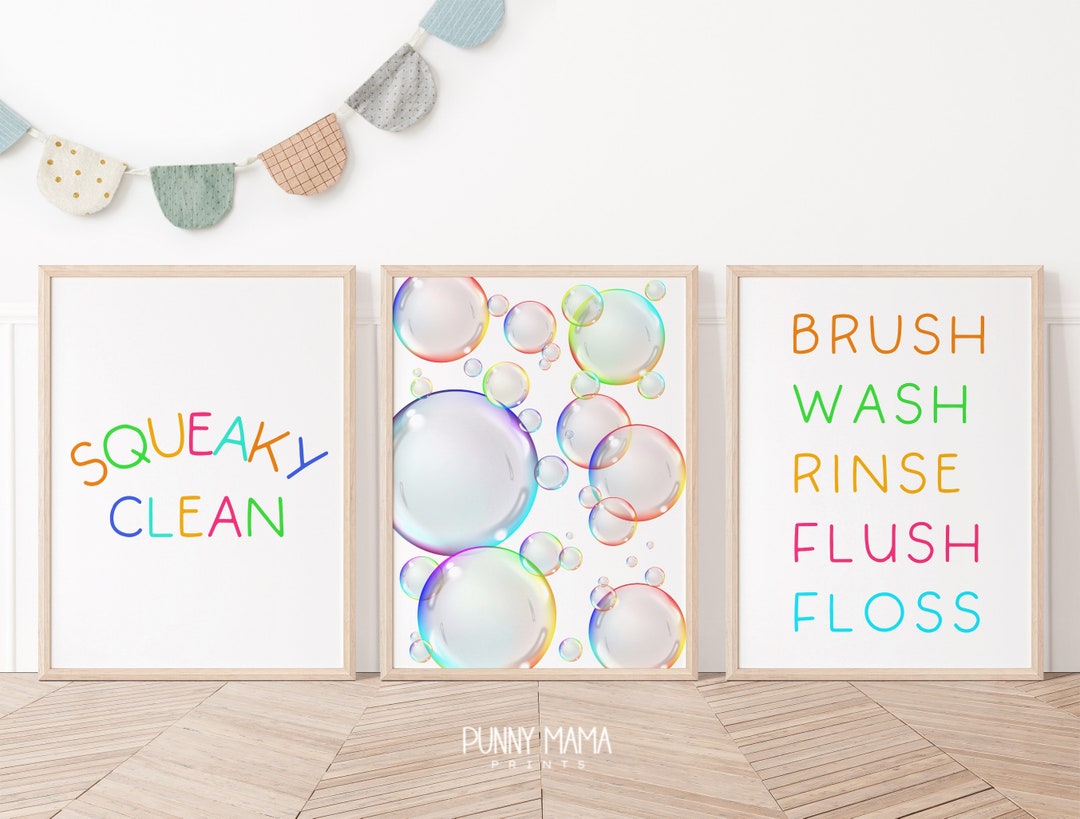 Squeaky Clean Kids Bathroom Print Set | Bold Colors Wash Floss Flush ...
