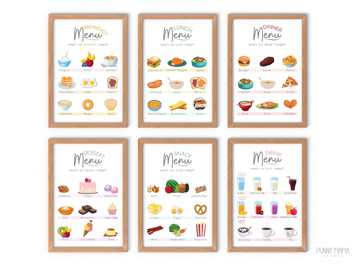 Printable Play Menus Set of 6, Kids Kitchen Decor, Restaurant Play ...