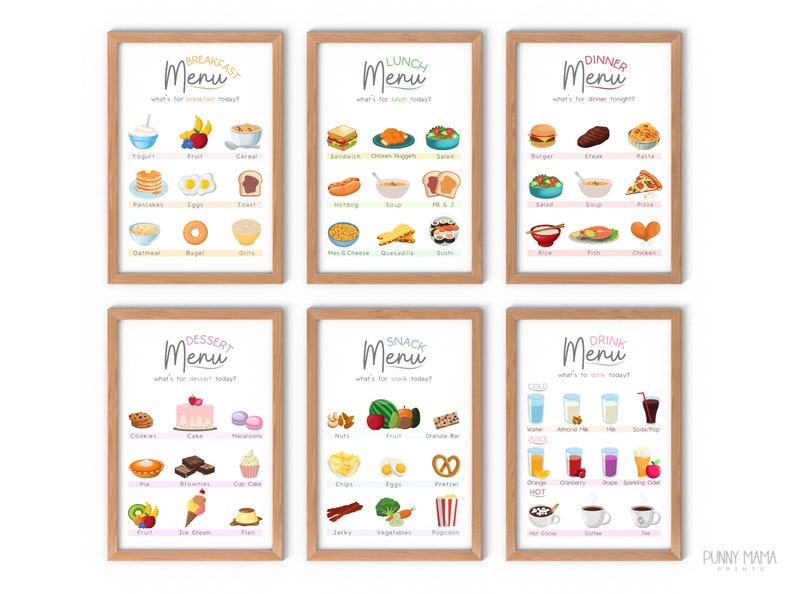 Printable Play Menus Set of 6, Kids Kitchen Decor, Restaurant Play ...