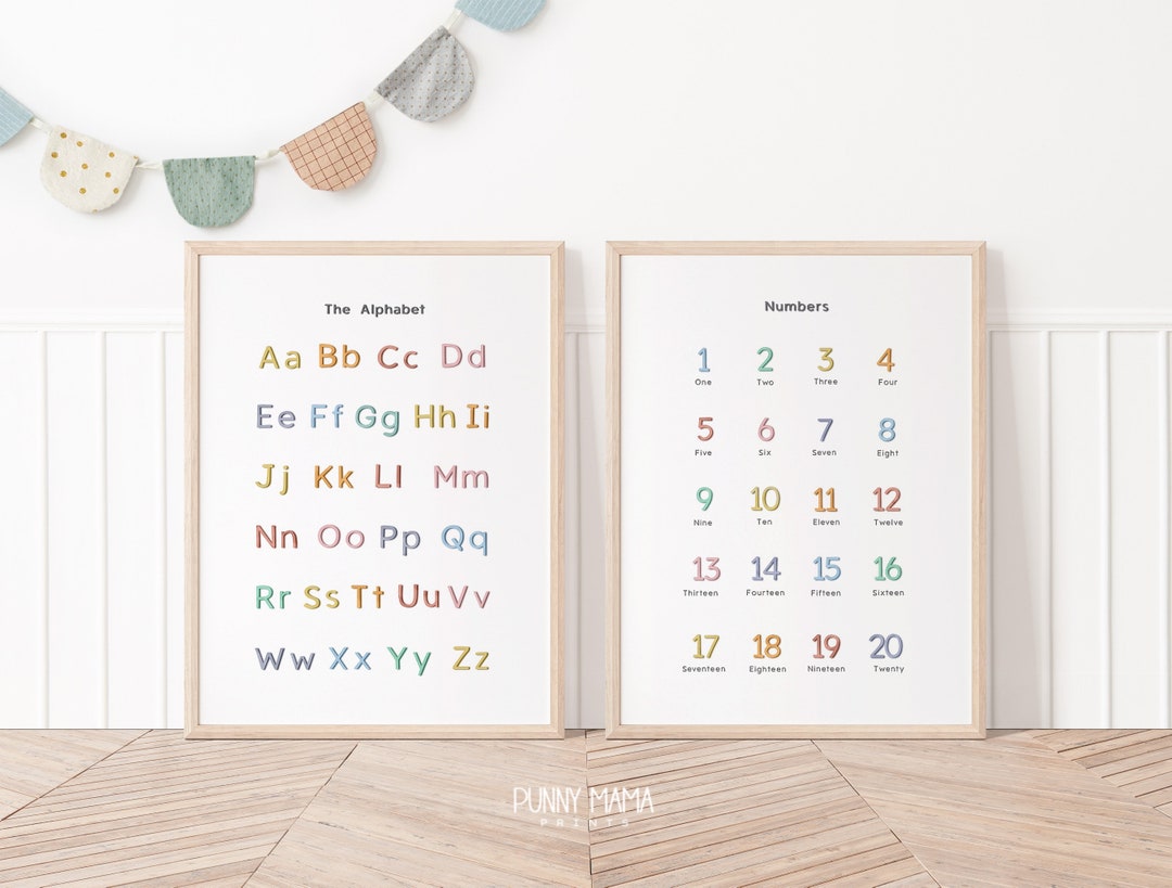 Kids Alphabet & Numbers Print Set Pastel Rainbow Wall Art Counting and ...
