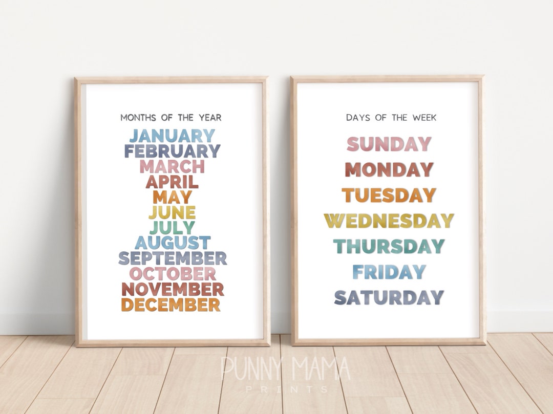 Days & Months Print Set Pastel Rainbow, Playroom Nursery Wall Art, Days ...
