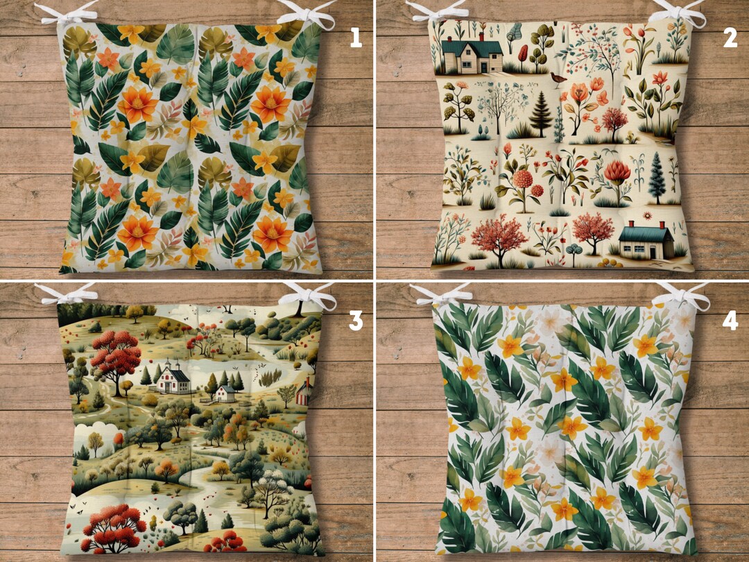 Farmhouse Design Chair Cushion, Rustic Floral Puffy Seat Cushion ...