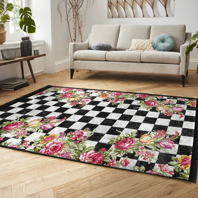 Checkered Floral Runner Rug: Black White With Pink Flowers - Etsy