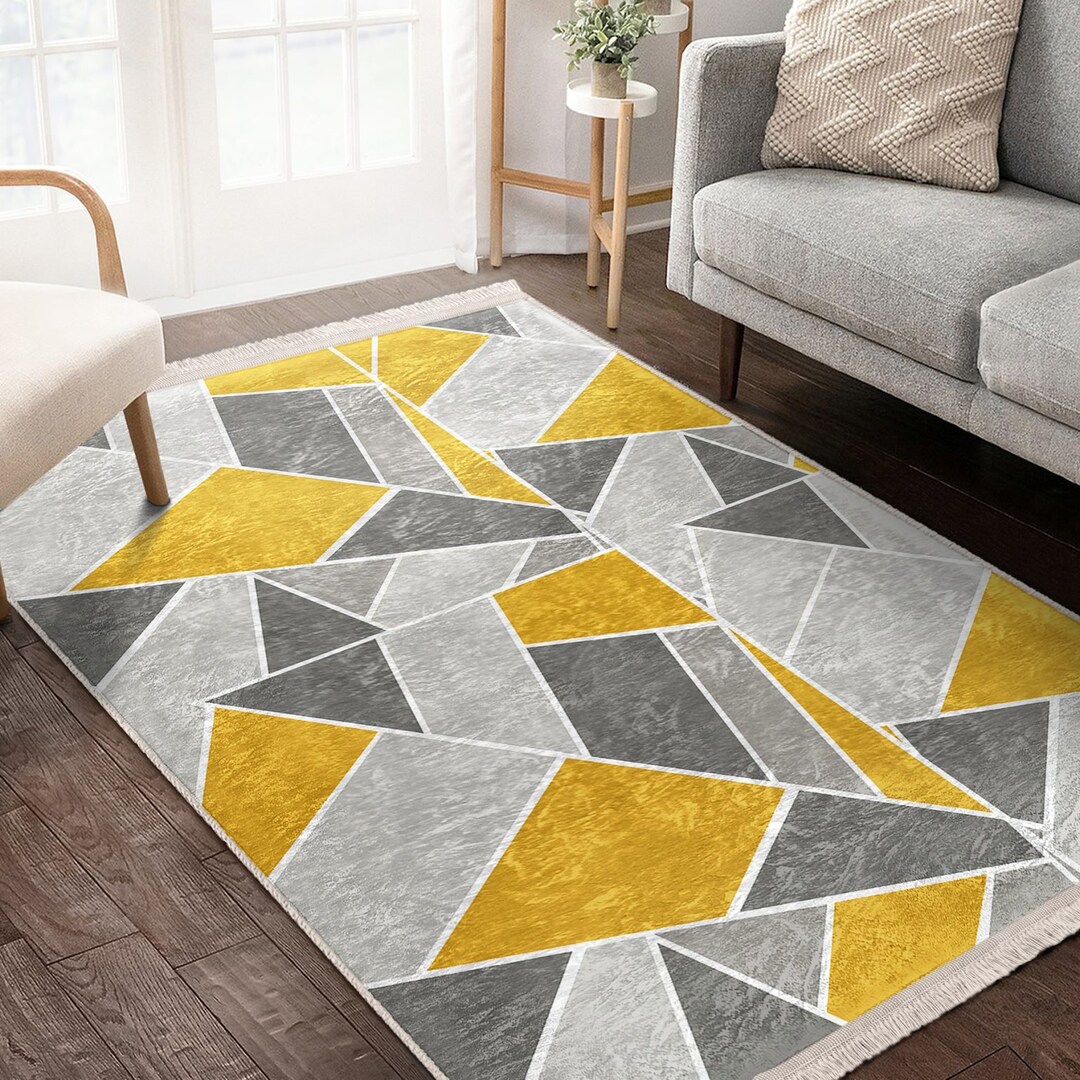 Gray & Yellow Area Rug, Modern Non Slip Rug, Geometric Style Carpet ...