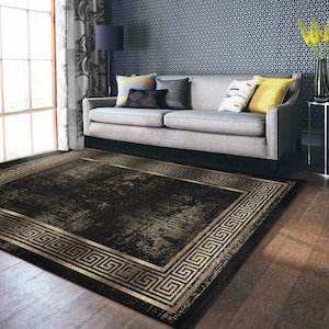 Greek Key Area Rug, Luxury Soft Living Room Rug, Gold Bordered Non-slip ...