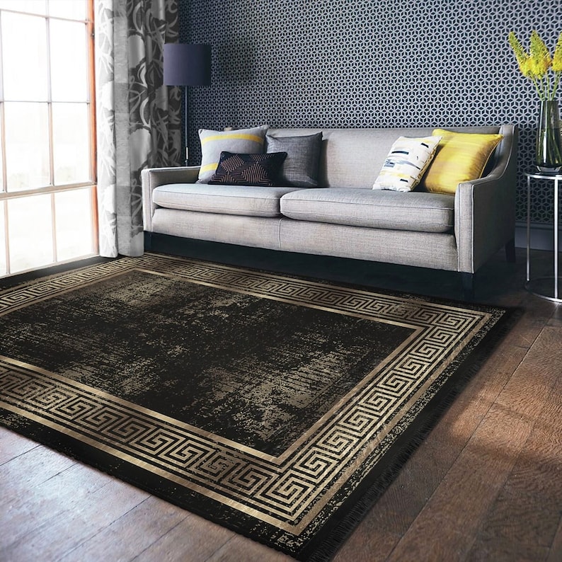 Greek Key Area Rug, Luxury Soft Living Room Rug, Gold Bordered Non-slip ...