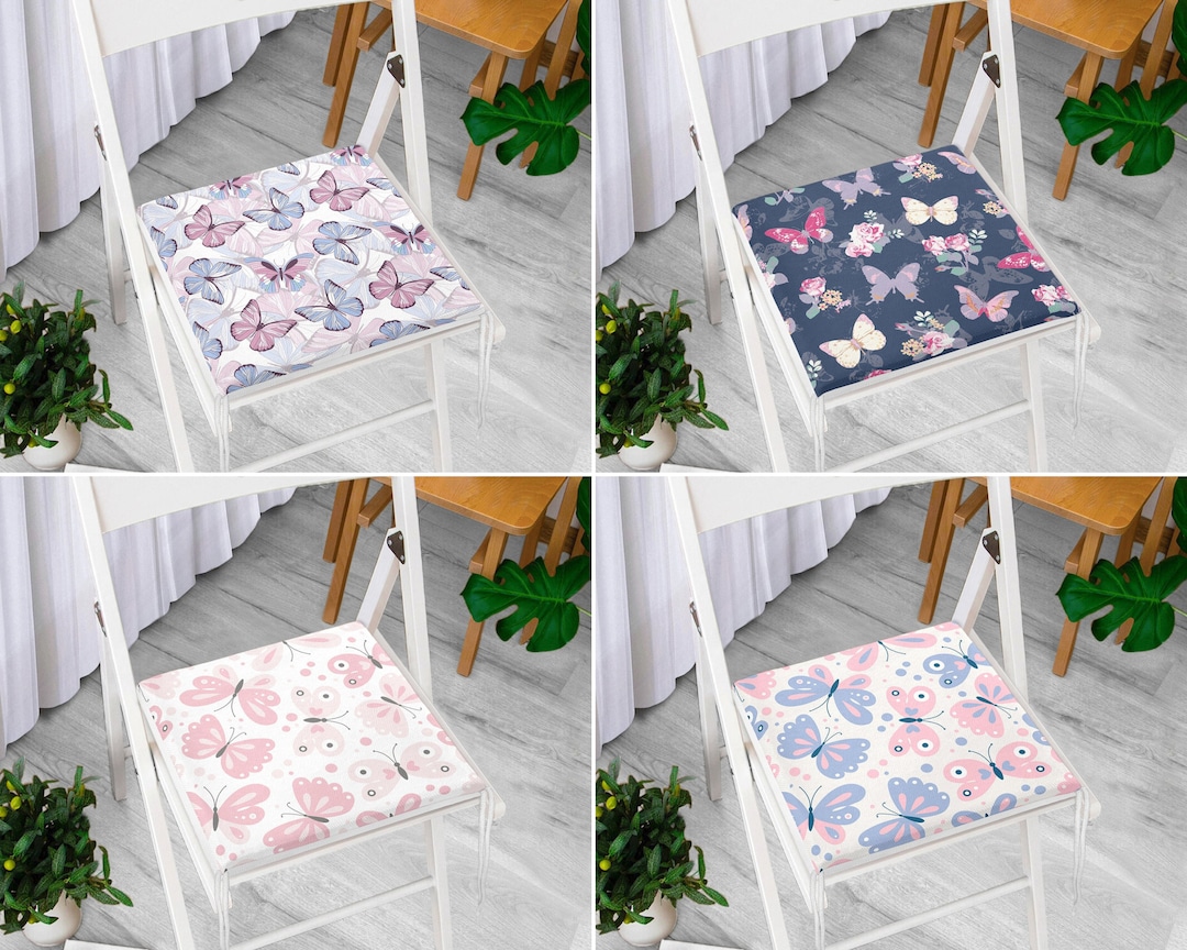 Pastel Color Butterflies Chair Pads With Ties, Pink Accent Outdoor ...