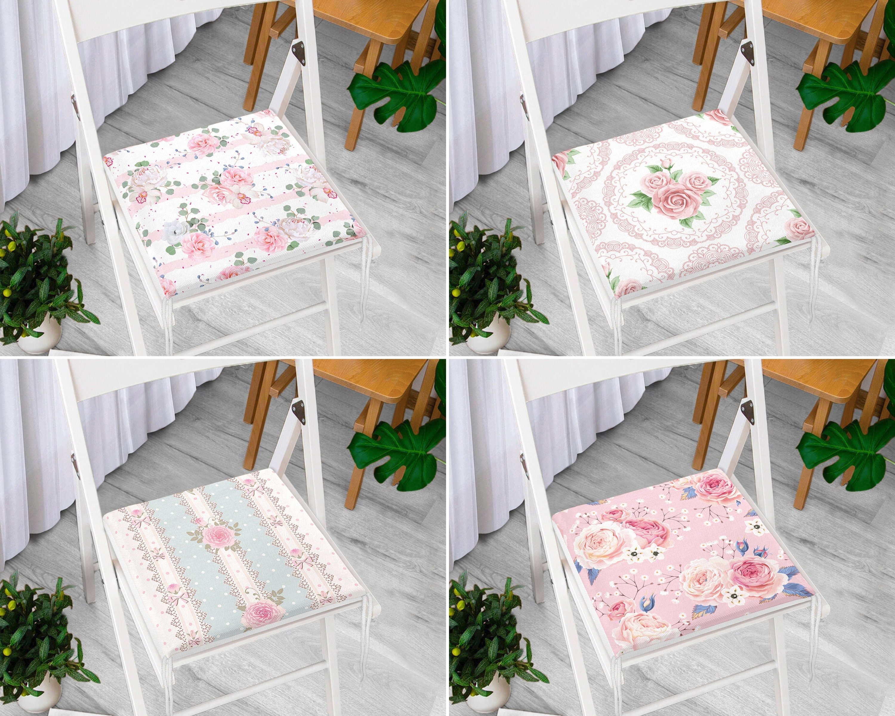 Pink Rose Chair Cushion With Ties, Pink Accent Garden Seat Cover, Patio ...