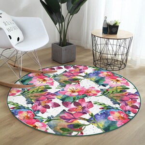 Watercolor Floral Round Rug, Non Slip Colorful Flowers Circle Rugs ...