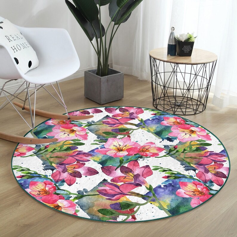 Watercolor Floral Round Rug, Non Slip Colorful Flowers Circle Rugs ...
