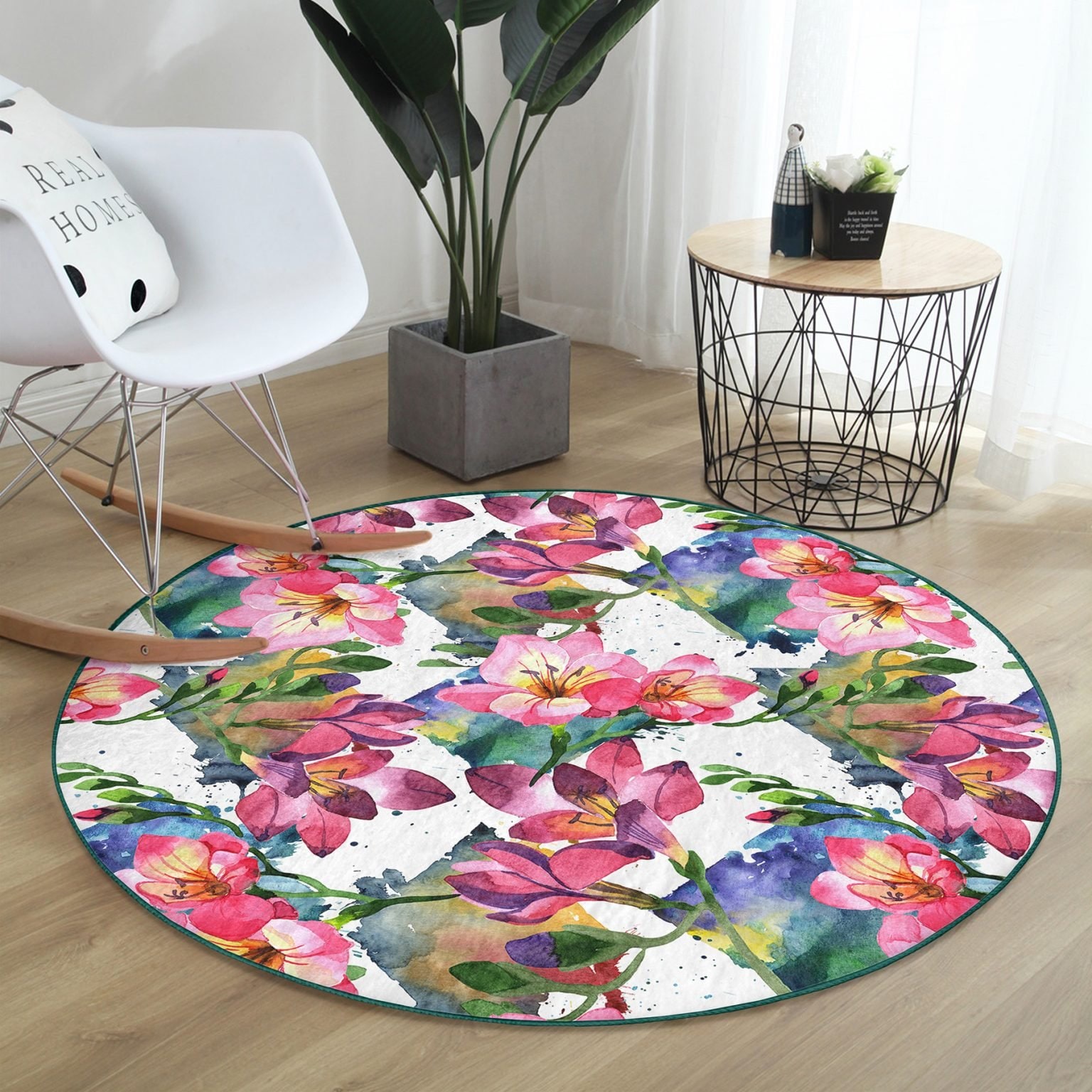 Watercolor Floral Round Rug, Non Slip Colorful Flowers Circle Rugs ...