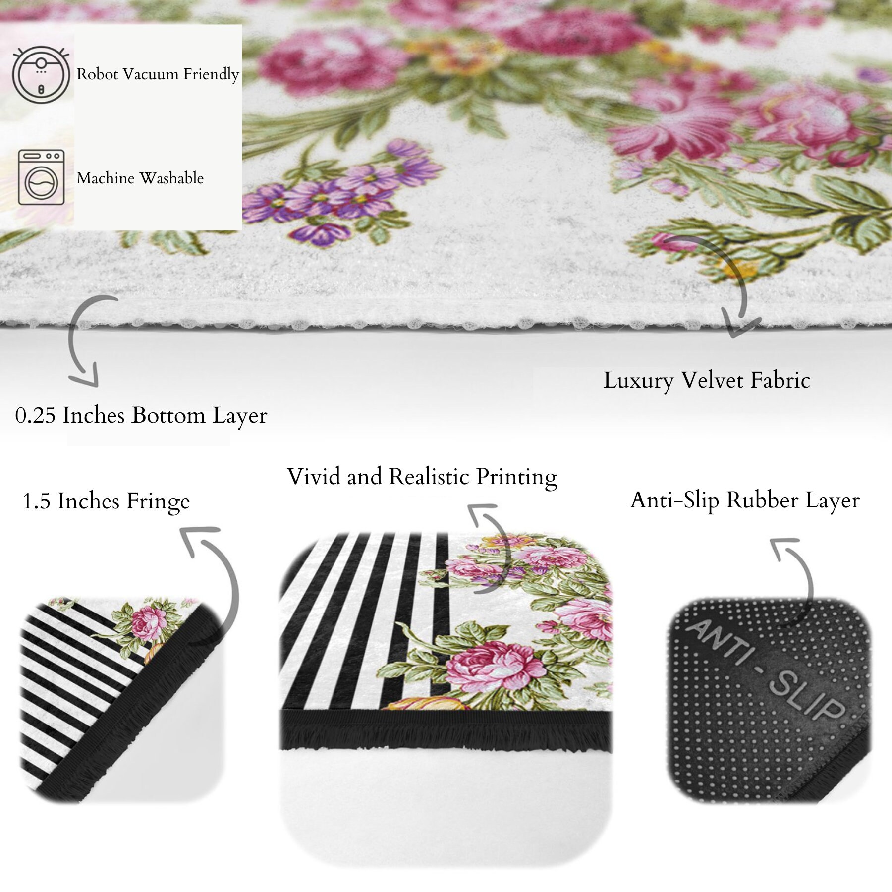 Floral Area Rugs, Pink Rose Anti-slip Carpet, Black and White Stripes ...