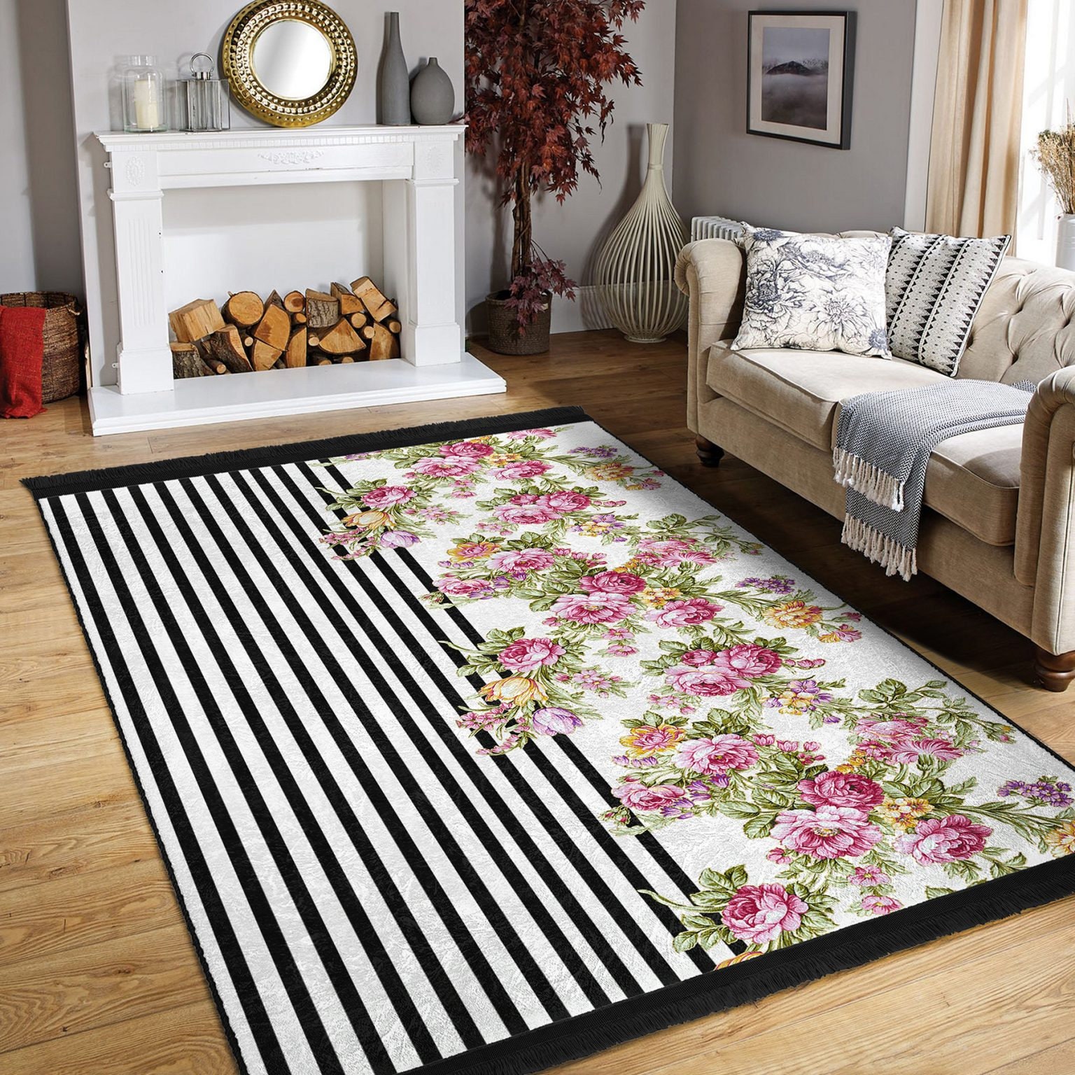 Floral Area Rugs, Pink Rose Anti-slip Carpet, Black and White Stripes ...