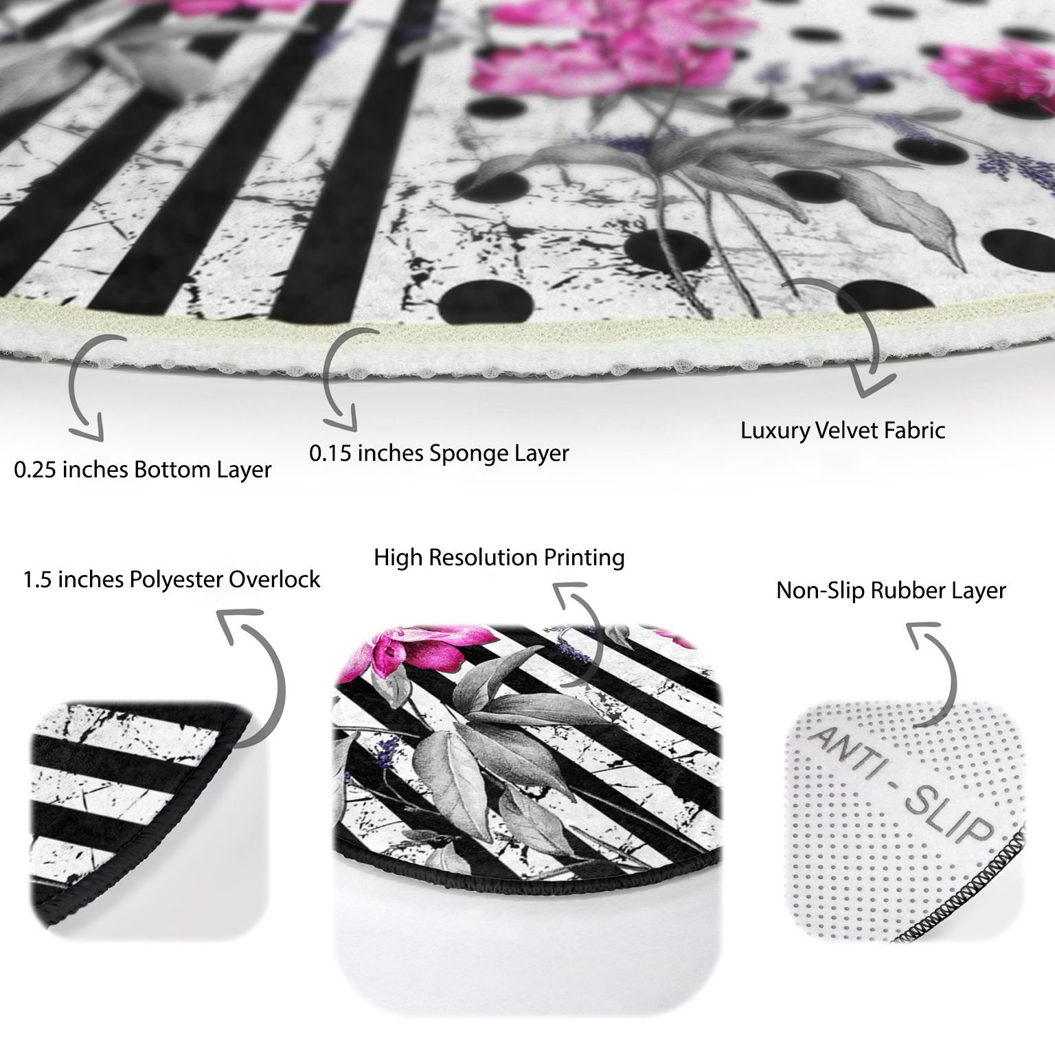 Black & White Round Rug, Pink Floral Circle Rug, Anti Slip Round Carpet ...