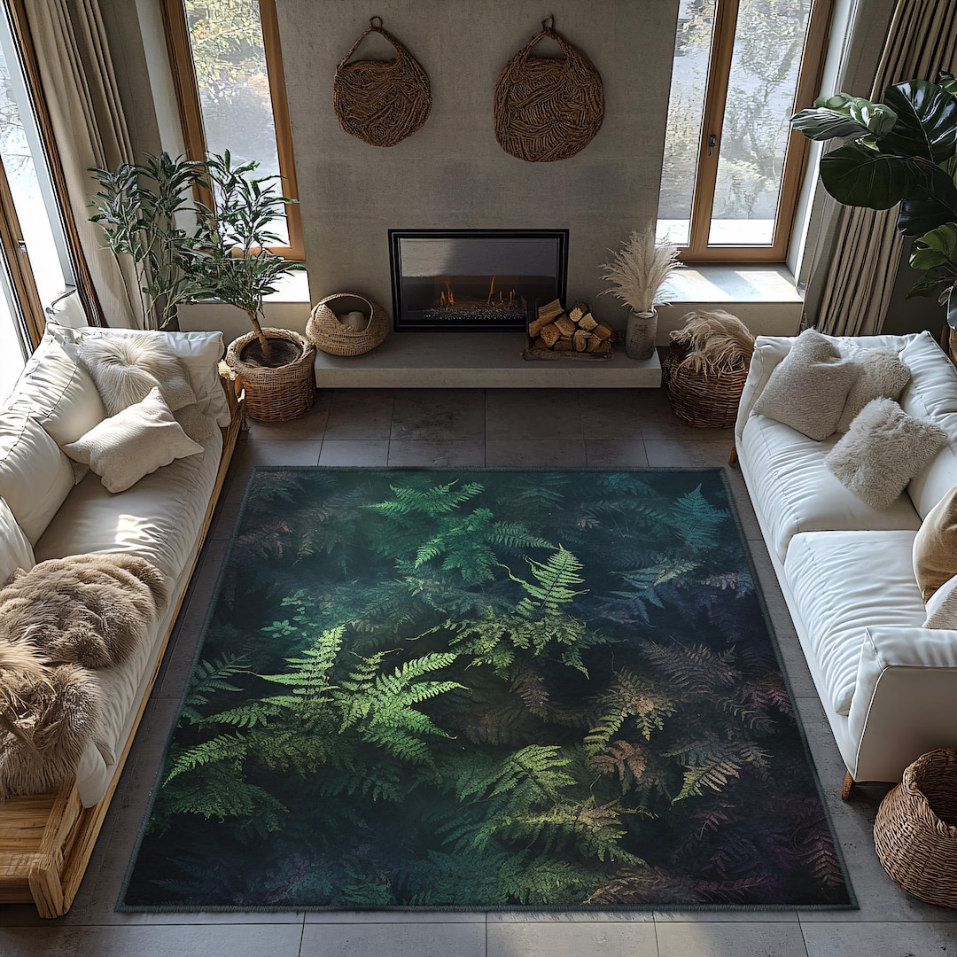 Mystic Forest Area Rug, Fern Leaves Rug, Dark Botanical Bedroom Rug ...