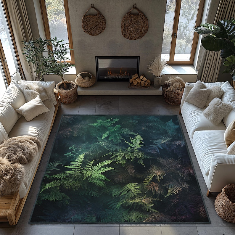 Living Room Rug: Tropical Emerald Fern Leaves - Durable, Machine ...