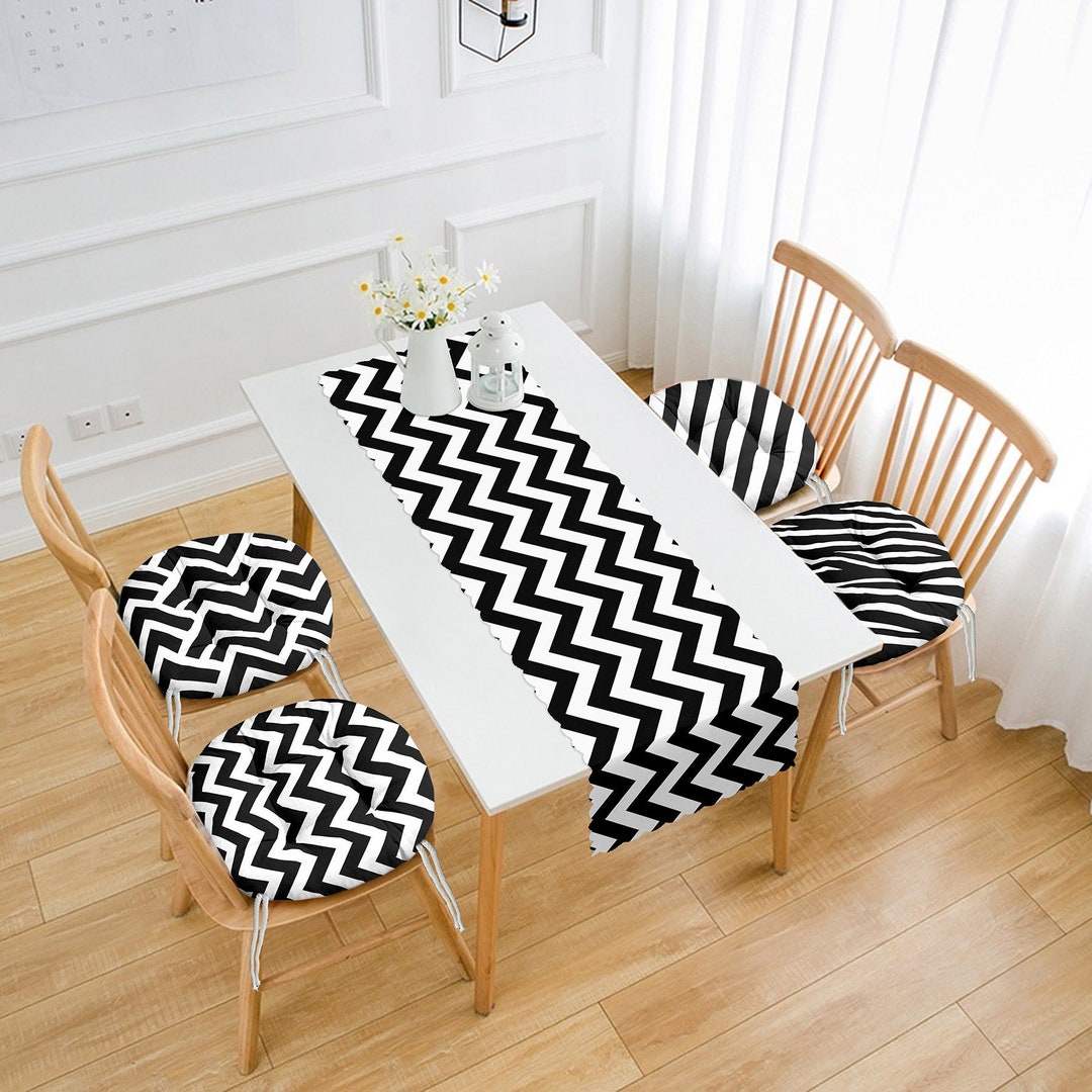 Chevron Black White Table Runner and Seat Cushion Set, Zigzag Dining Table Decor and Chair ...
