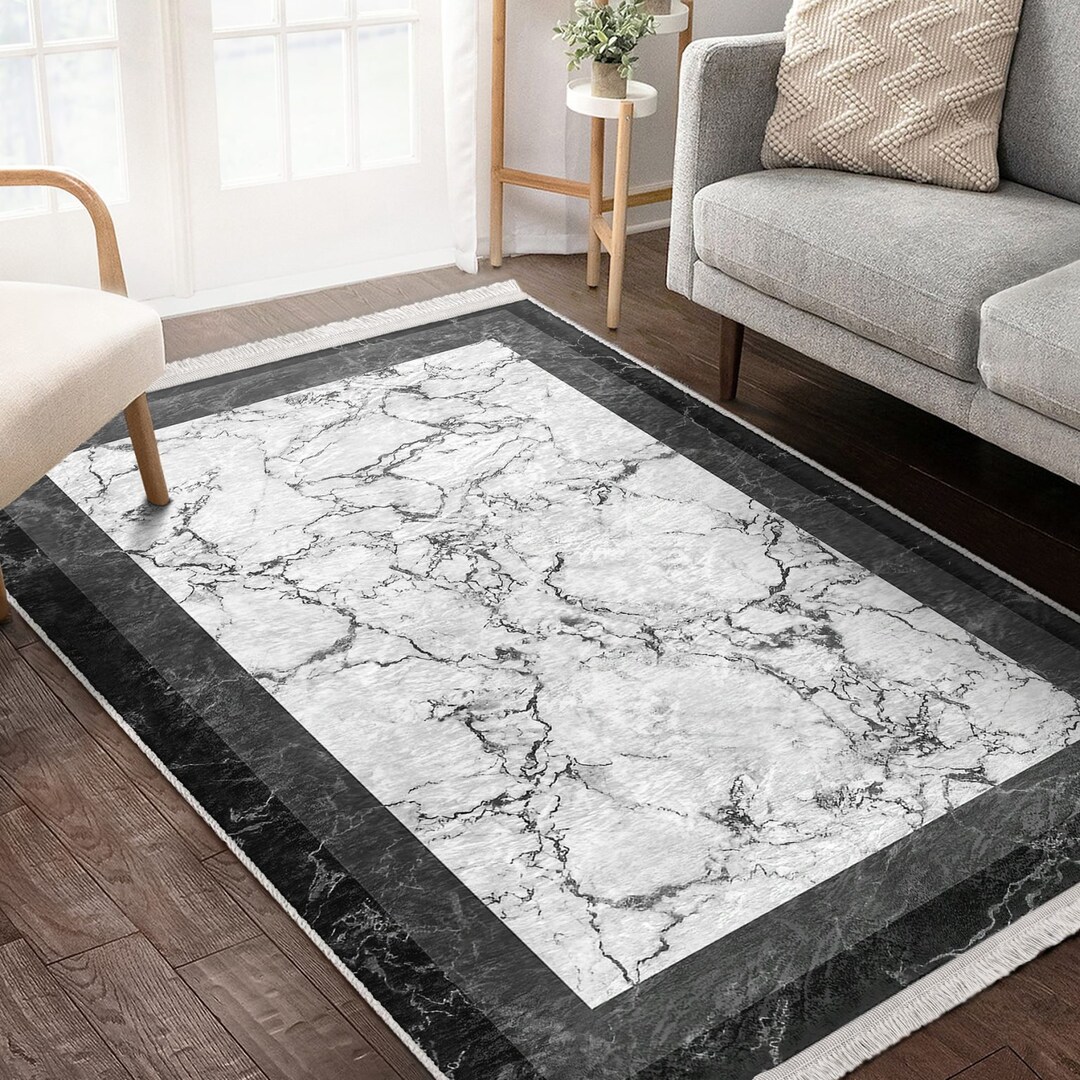 Marble Print Rug, Black and Gray Framed Anti-slip Carpet, Marble Style ...